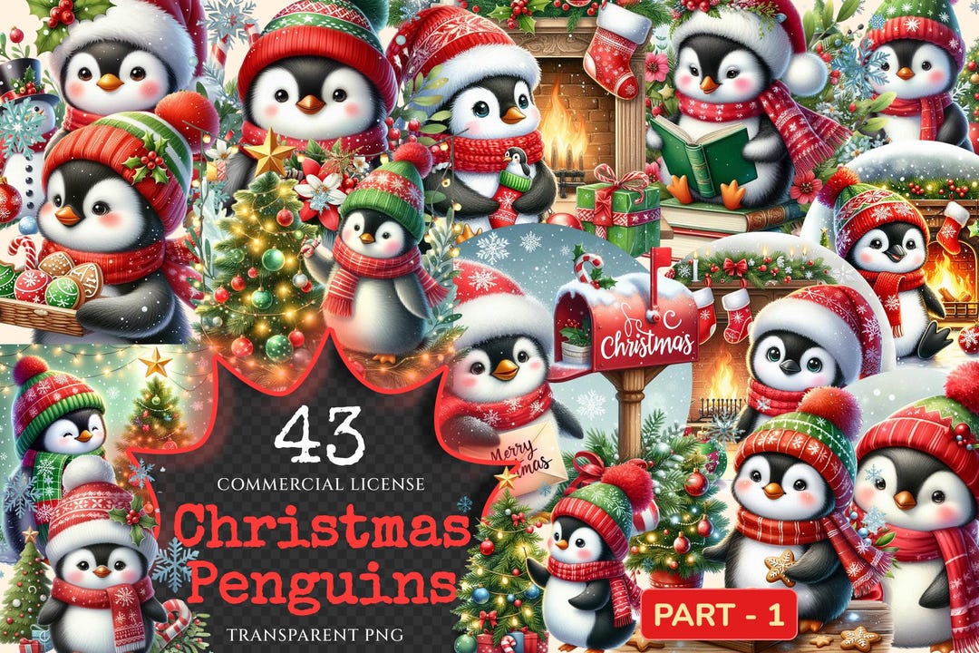 Christmas Penguin Clipart – Festive PNG Graphics (digital Download) - Etsy