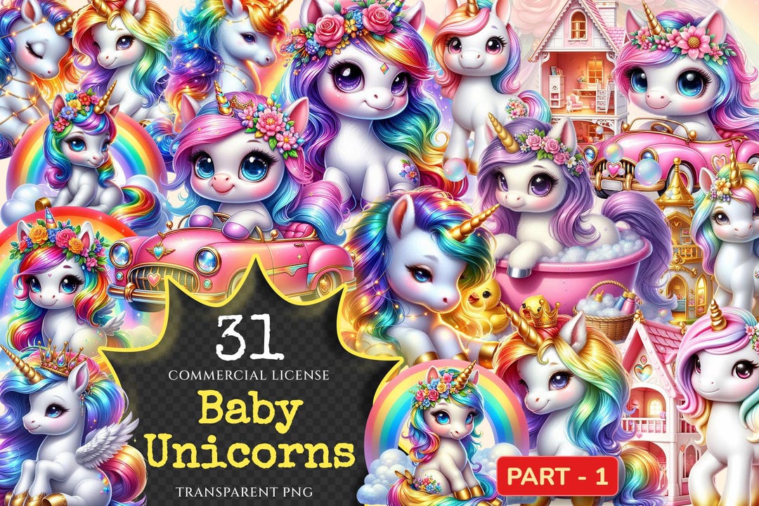 Baby Unicorns Clipart – Magical Illustrations, Commercial Use (PNG ...