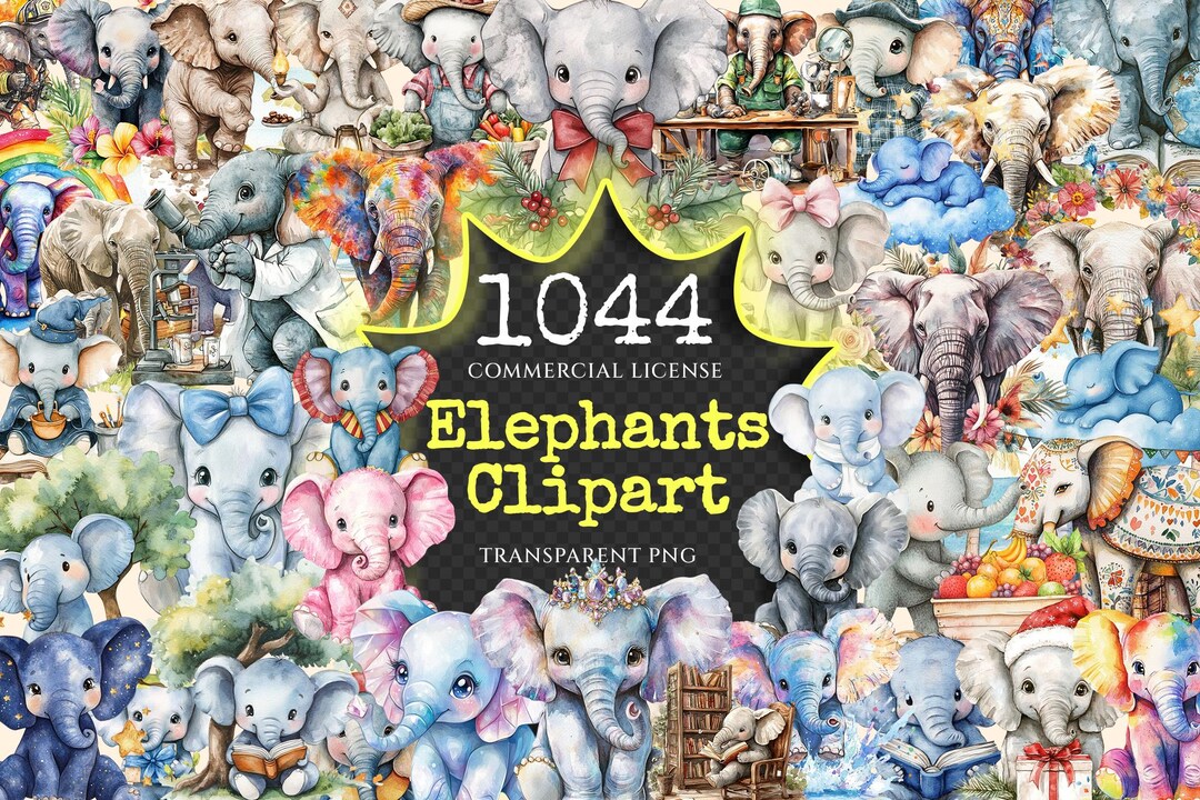 Elephants Watercolor Clipart Bundle - 1040+ Transparent PNG, Safari ...