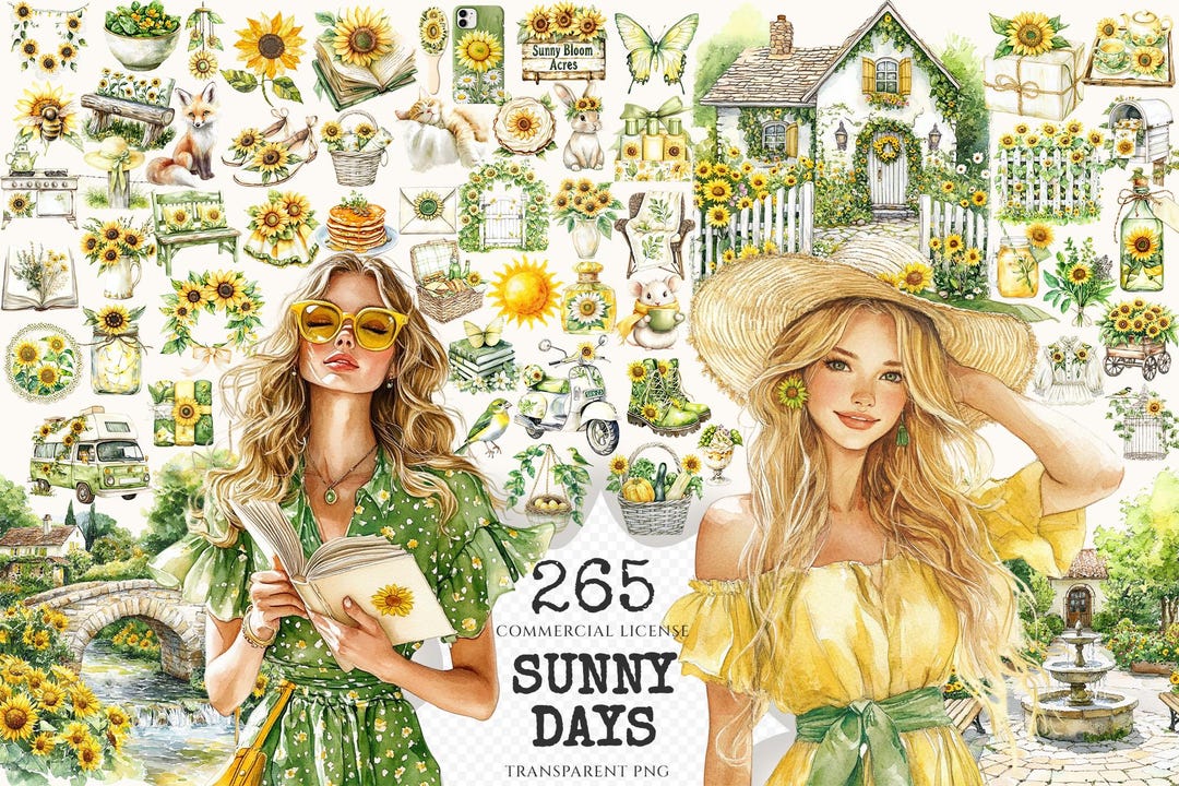 Sunny Days Watercolor Clipart Set - 261+ Transparent PNG, Summer ...