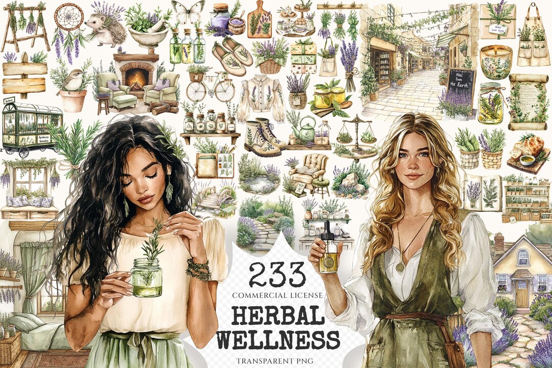 Herbal Wellness Watercolor Clipart Set - 230+ Transparent PNG, Lavender ...