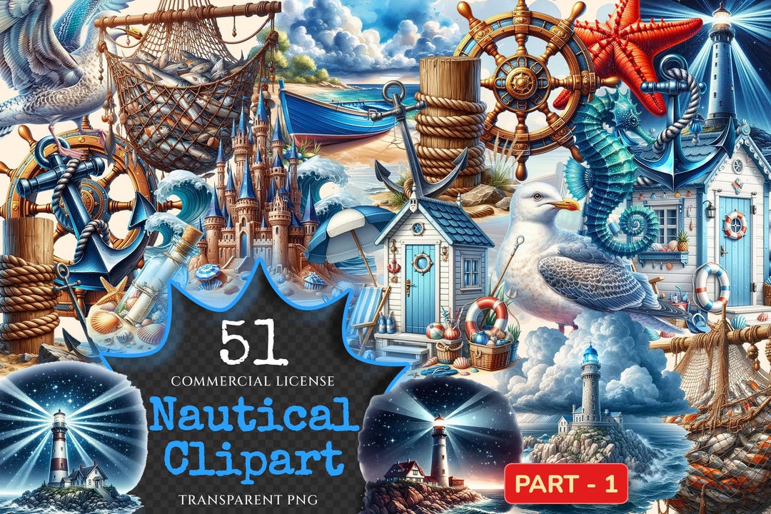 Nautical Clipart Collection - 51 Ocean PNG Illustrations (digital ...