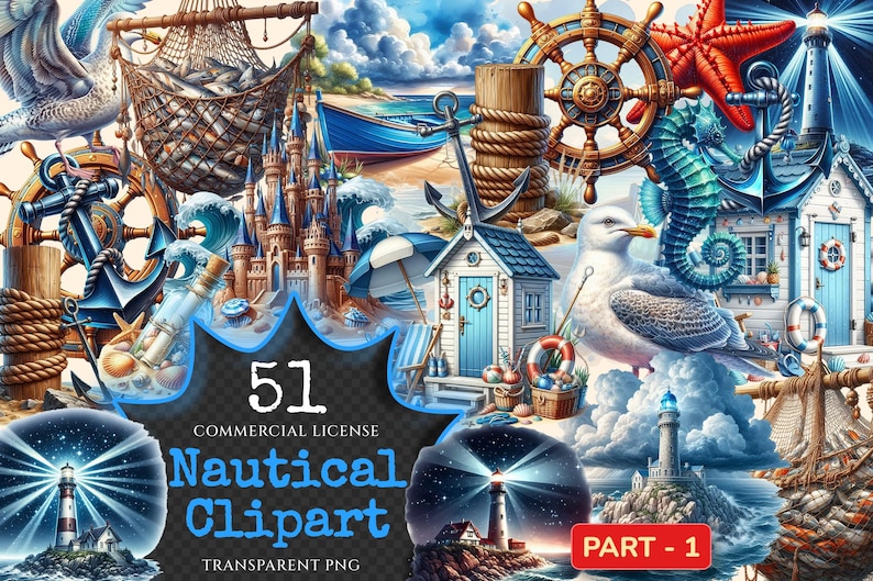 Nautical Clipart Collection - 51 Ocean PNG Illustrations (digital ...