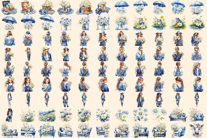 Denim Daisies Watercolor Clipart Bundle – 675+ PNG, Blue Springtime ...