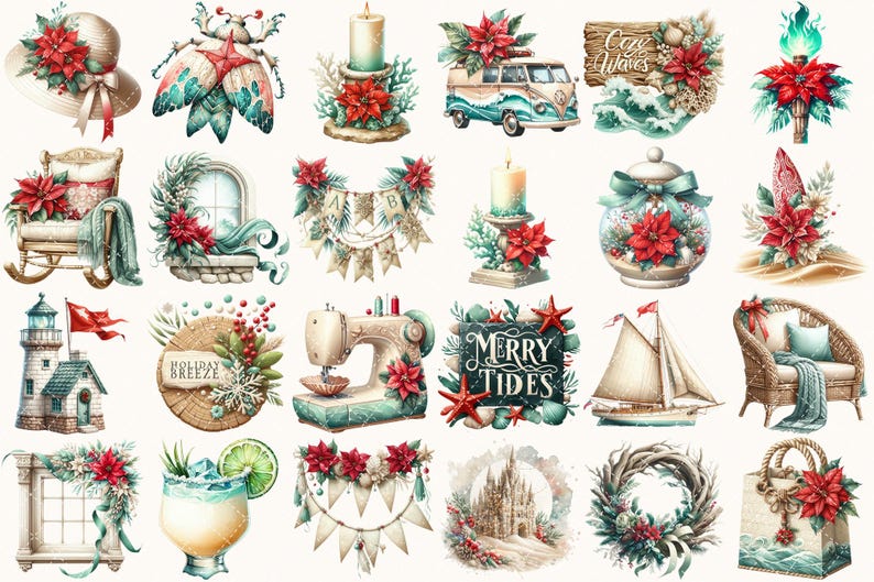 Seaside Christmas Watercolor Clipart Set – Festive Beach PNG (digital ...
