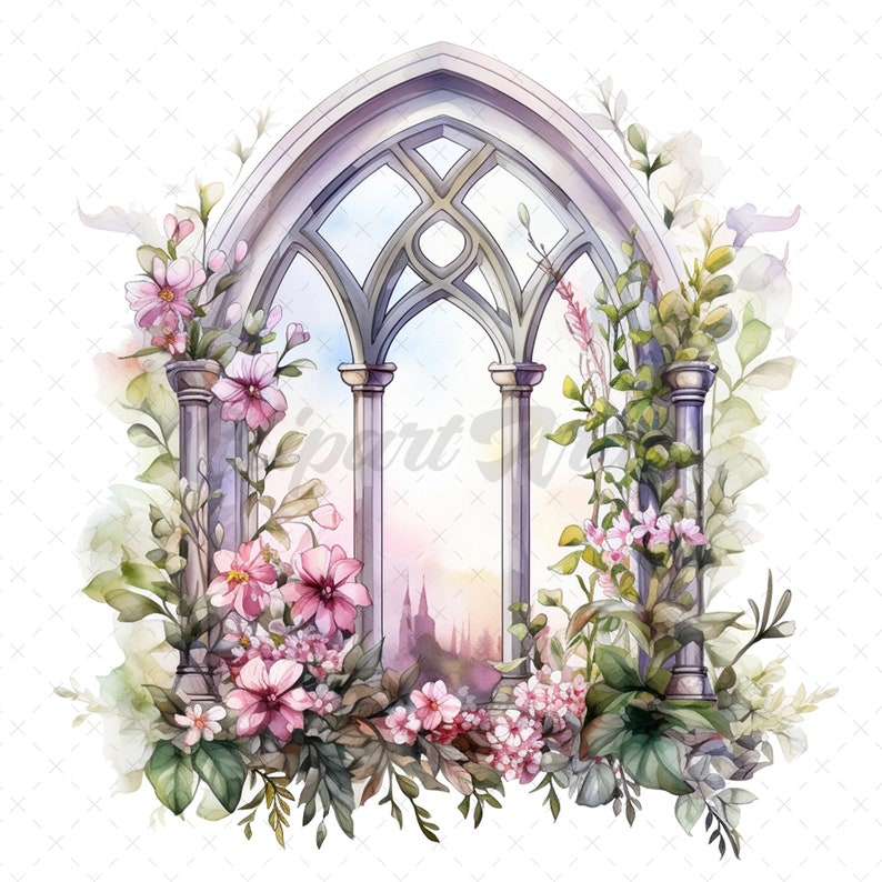 Floral Church Window Clipart – Watercolor Gothic JPG (digital Download ...