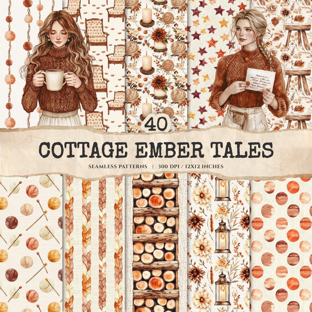 Cottage Ember Tales Seamless Patterns, Cottage Winter JPEG, Knitted ...