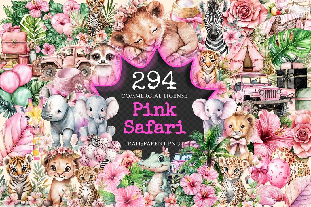 Pink Safari Watercolor Clipart Bundle – 290+ PNG Graphics (digital ...