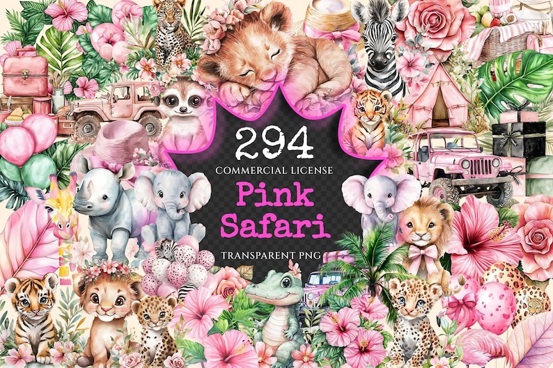 Pink Safari Watercolor Clipart Bundle – 290+ PNG Graphics (digital ...