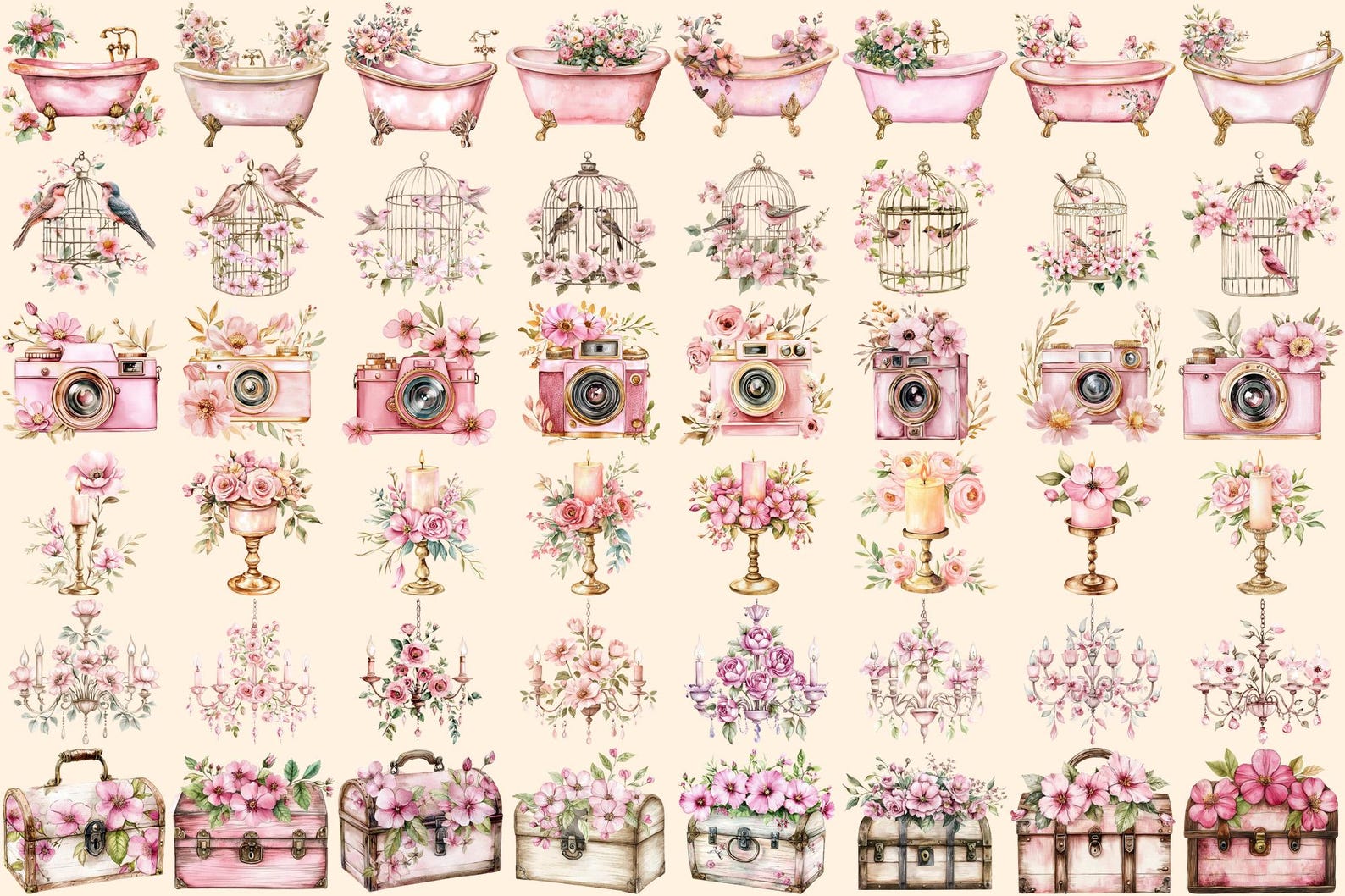 Pink Antiques Watercolor Clipart Bundle – Vintage Graphics (digital ...
