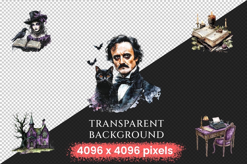 Edgar Allan Poe Clipart – Dark Victorian Watercolor PNG Bundle (digital ...