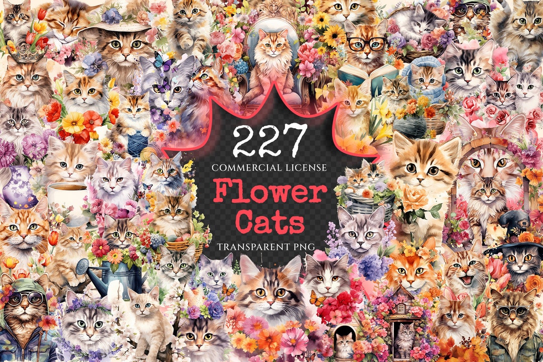 Flower Cats Watercolor Clipart Bundle - 223+ Transparent PNG, Charming ...