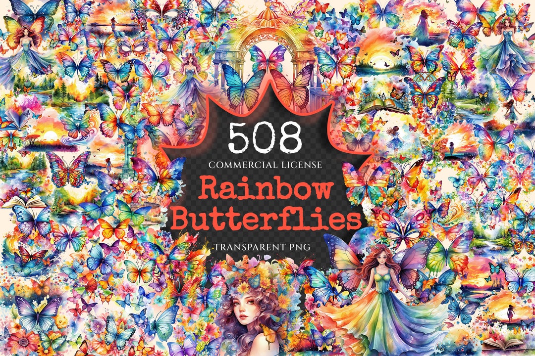 Watercolor Butterfly Clipart Bundle – 500+ Rainbow PNG Images (digital ...