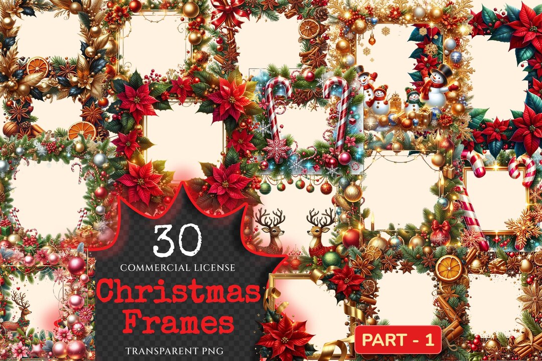 Christmas Frames Clipart – Festive Holiday PNG Graphics (digital ...