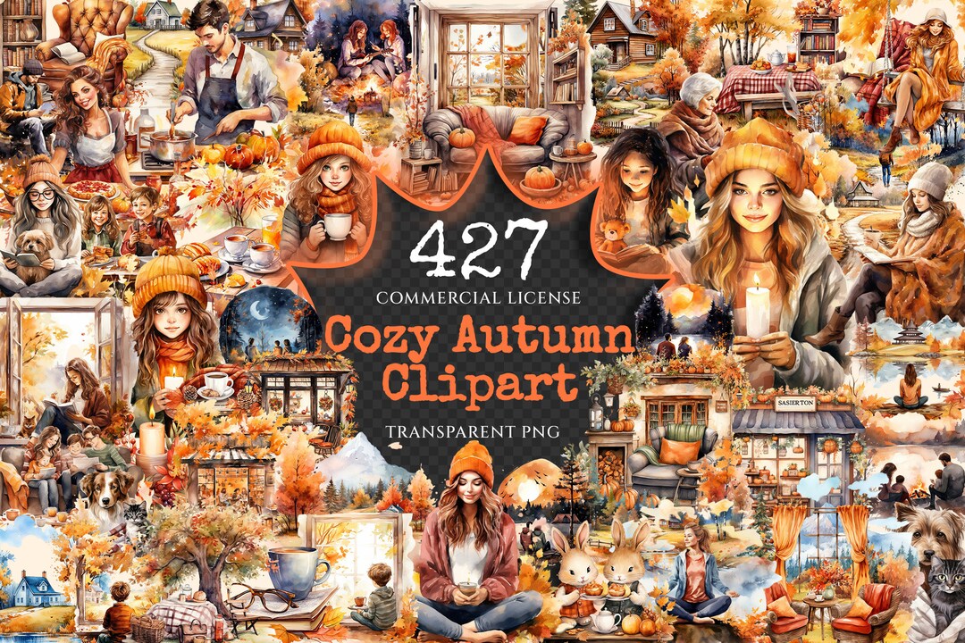 Cozy Autumn Watercolor Clipart Bundle - 425+ Transparent PNG, Cozy ...