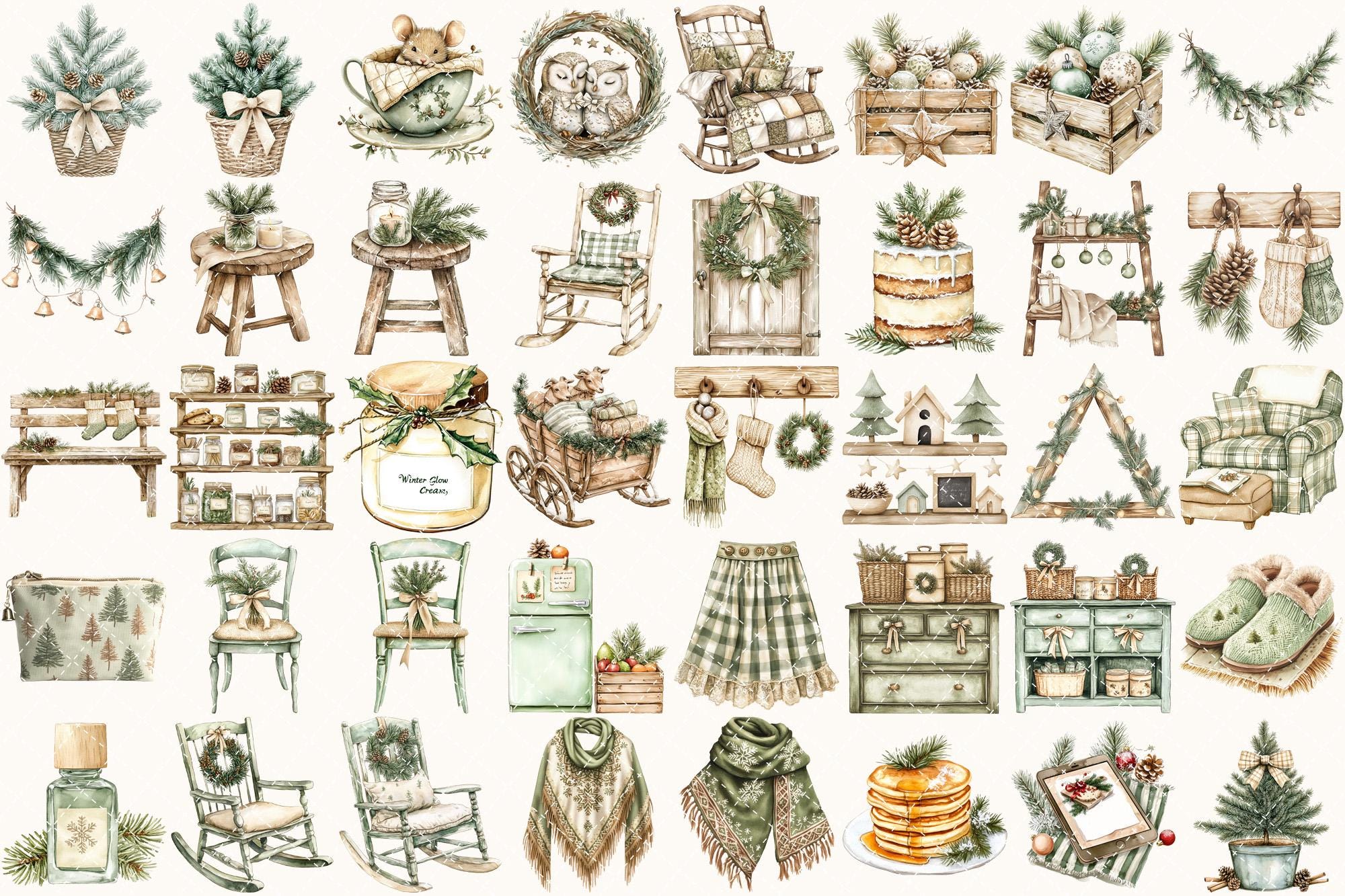 Festive Farmhouse Watercolor Clipart Set – Christmas Cabin Art (digital ...