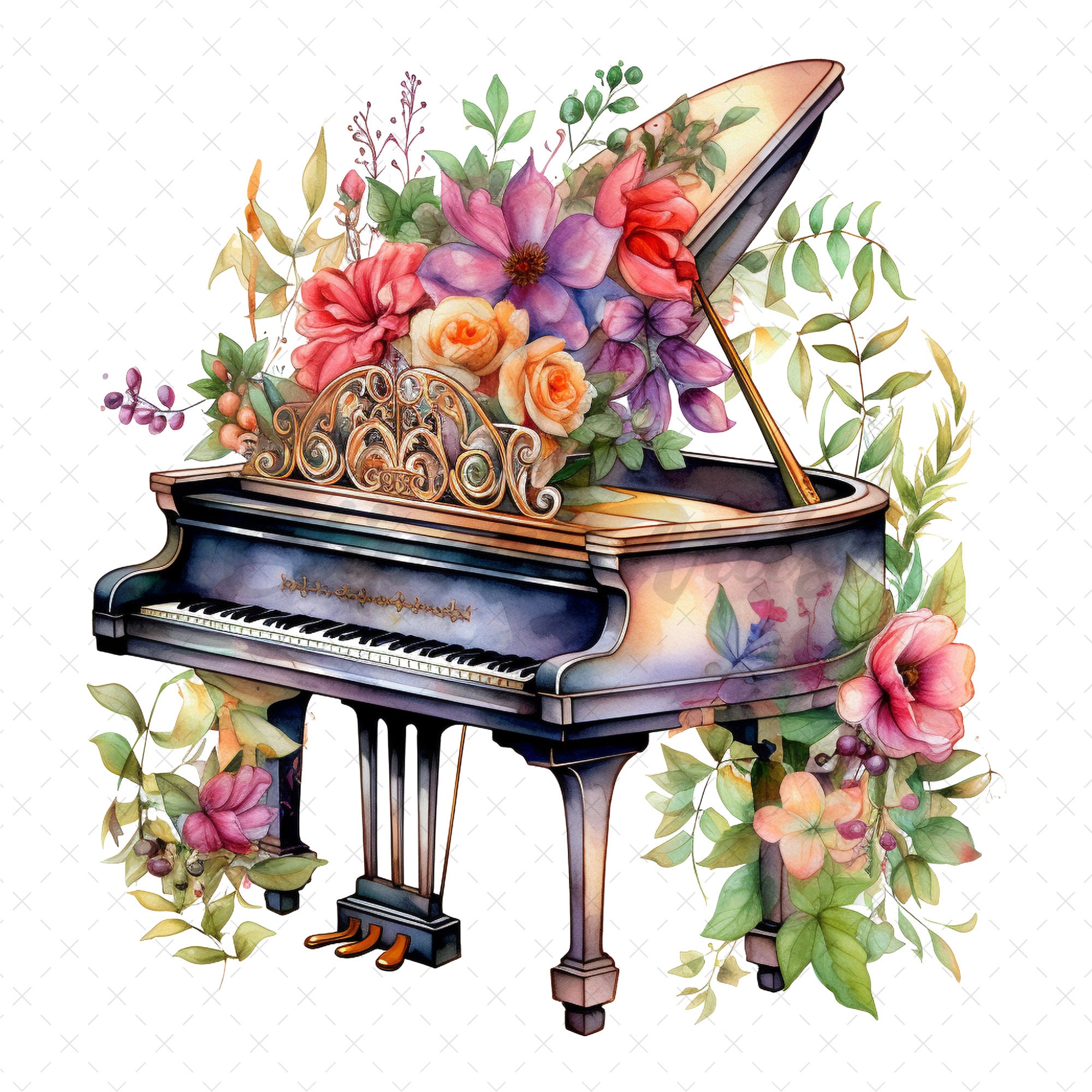 20 High-quality Floral Piano Clipart Floral Piano Digital Watercolor ...