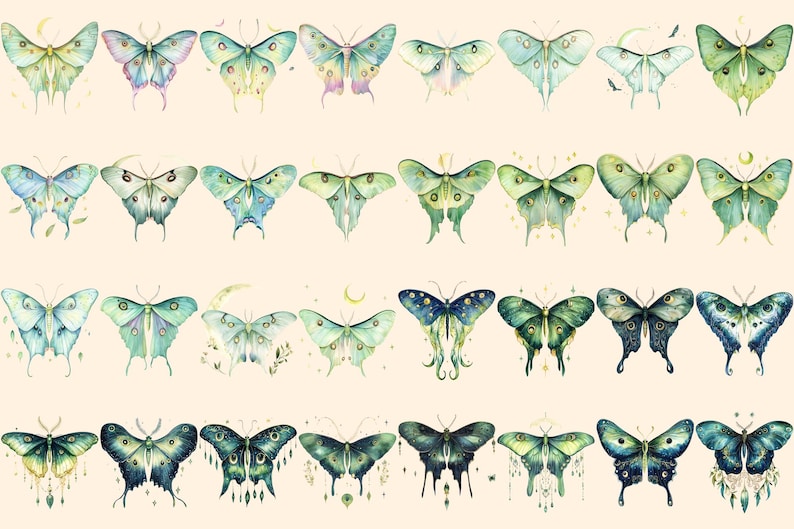 Luna Moth Watercolor Clipart – Mystical Insect Graphics (digital ...