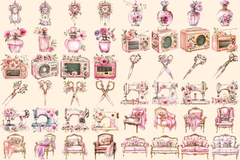 Pink Antiques Watercolor Clipart Bundle – Vintage Graphics (digital ...