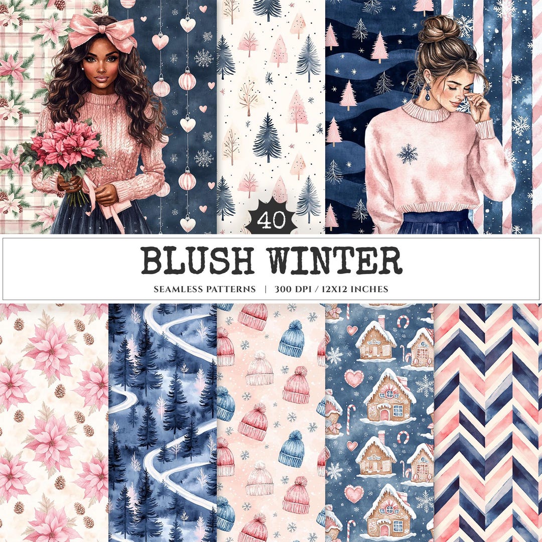 Blush Winter Seamless Patterns, Christmas Scrapbook Paper (digital ...