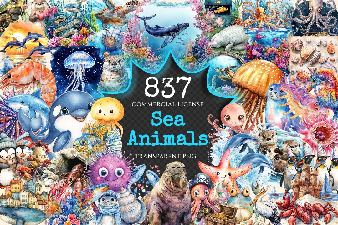 Watercolor Sea Animals Clipart Bundle – 832+ PNG Graphics (Digital ...