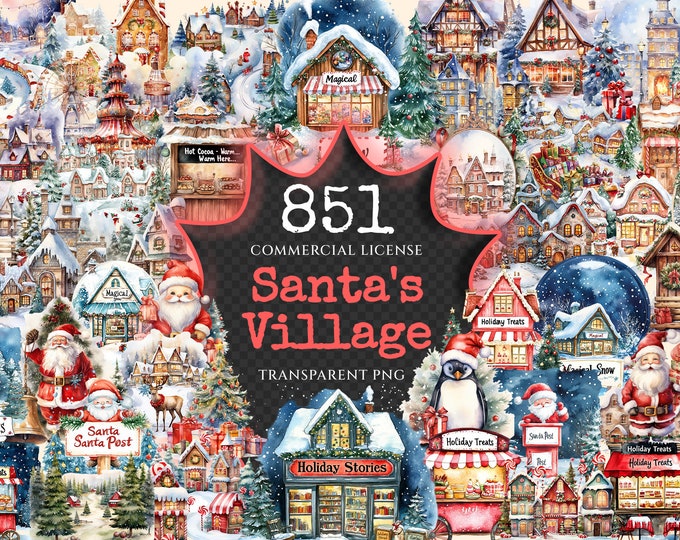 Watercolor Santa's Village Clipart Png Bundle, Reindeer Christmas ...
