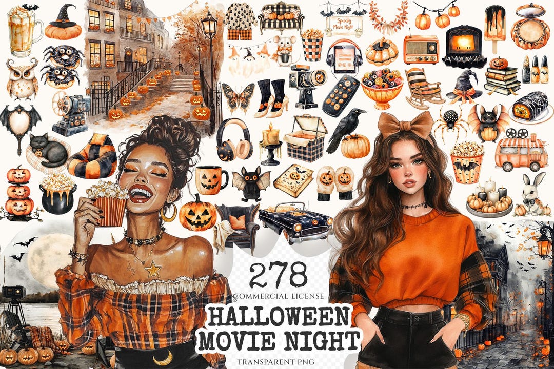 Halloween Movie Night Watercolor Clipart Set - Spooky PNG Graphics ...