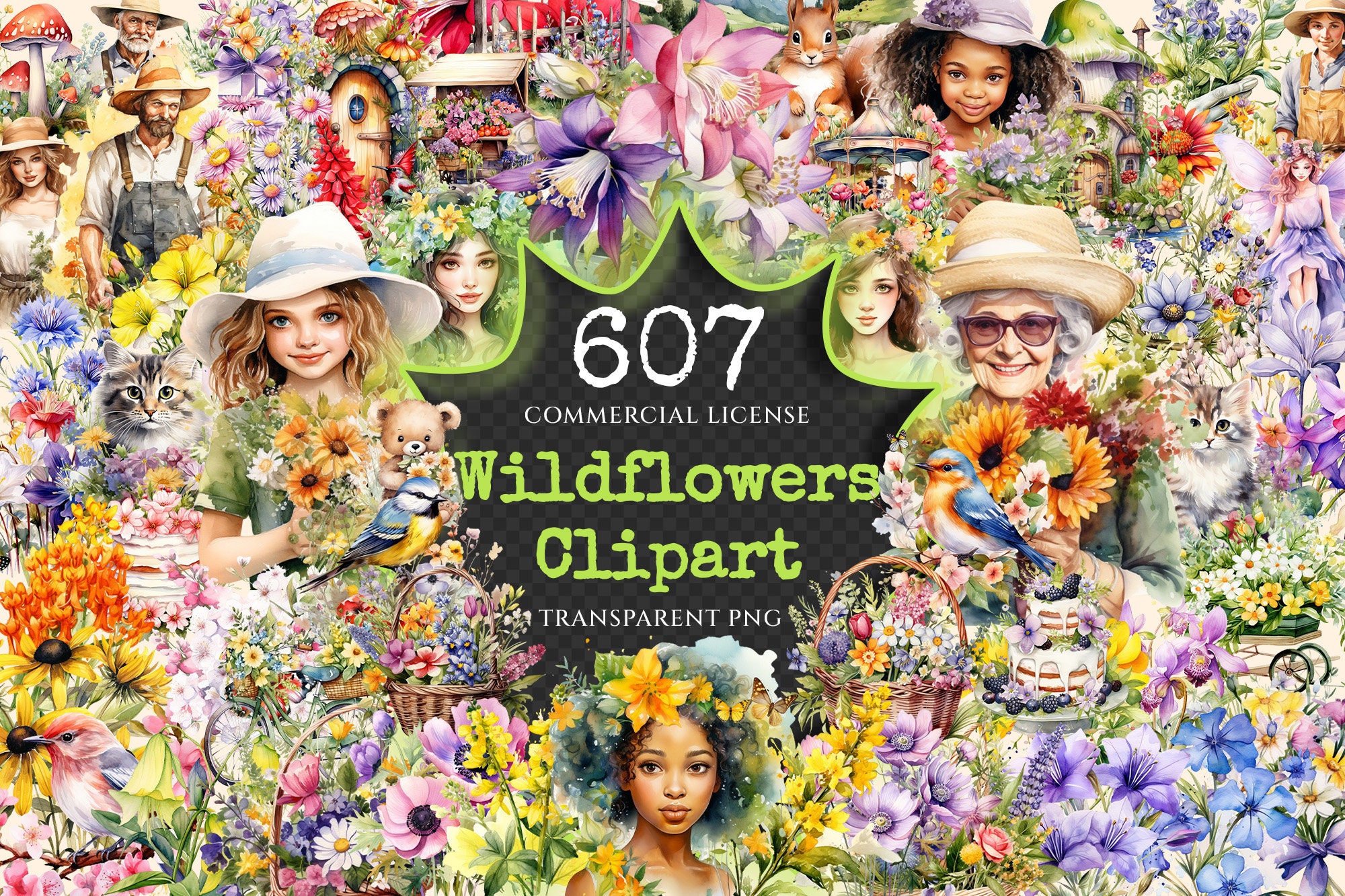 Wildflowers Watercolor Clipart Bundle – 604+ PNG Graphics (digital ...