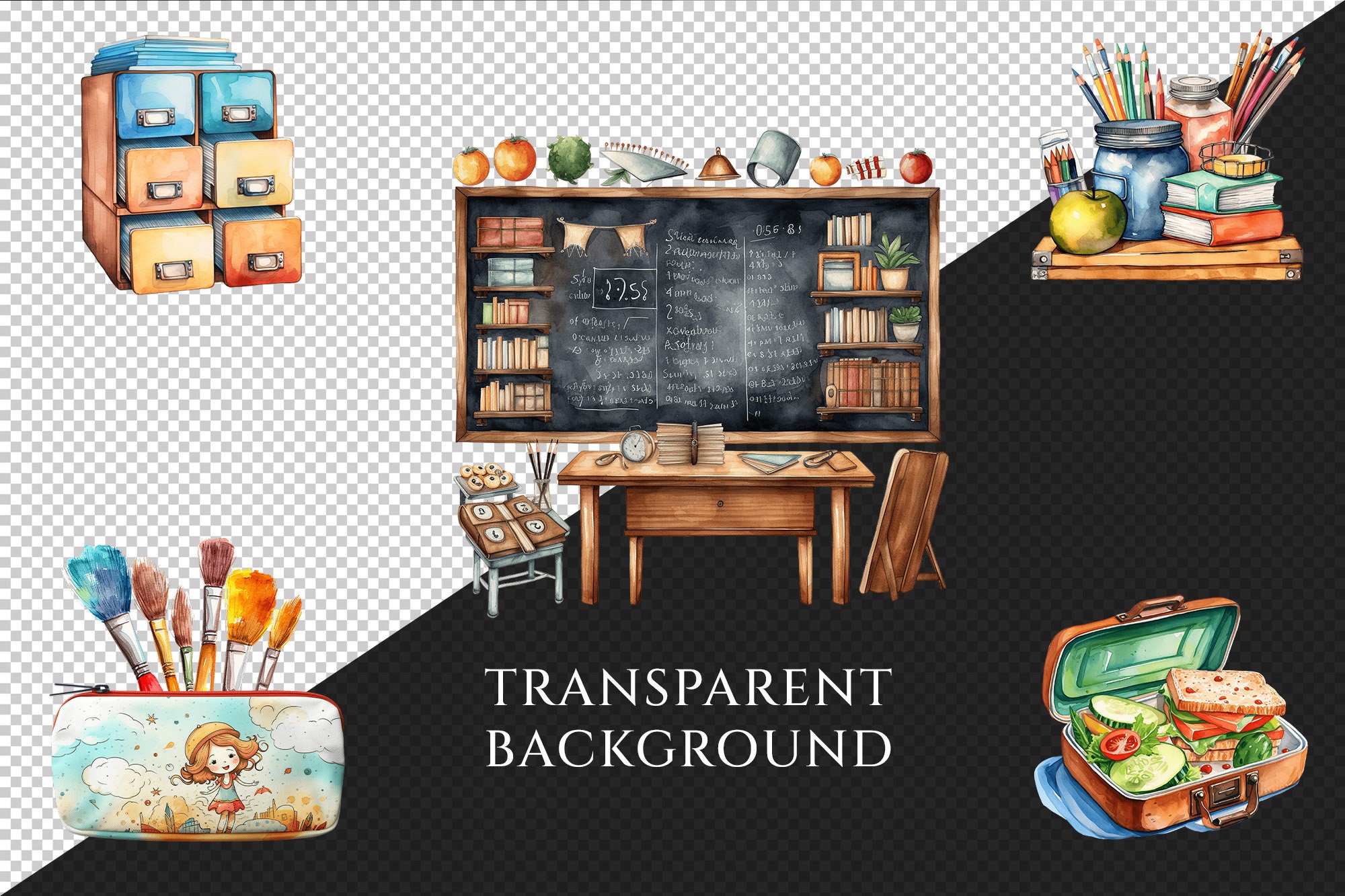 Watercolor School Supplies Clipart – 535+ PNG, Commercial Use (digital ...