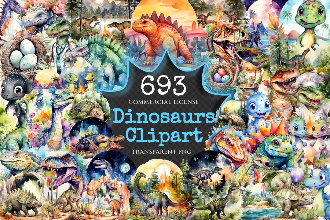 Watercolor Dinosaurs Clipart Bundle – 690+ Dino PNG Graphics (digital ...