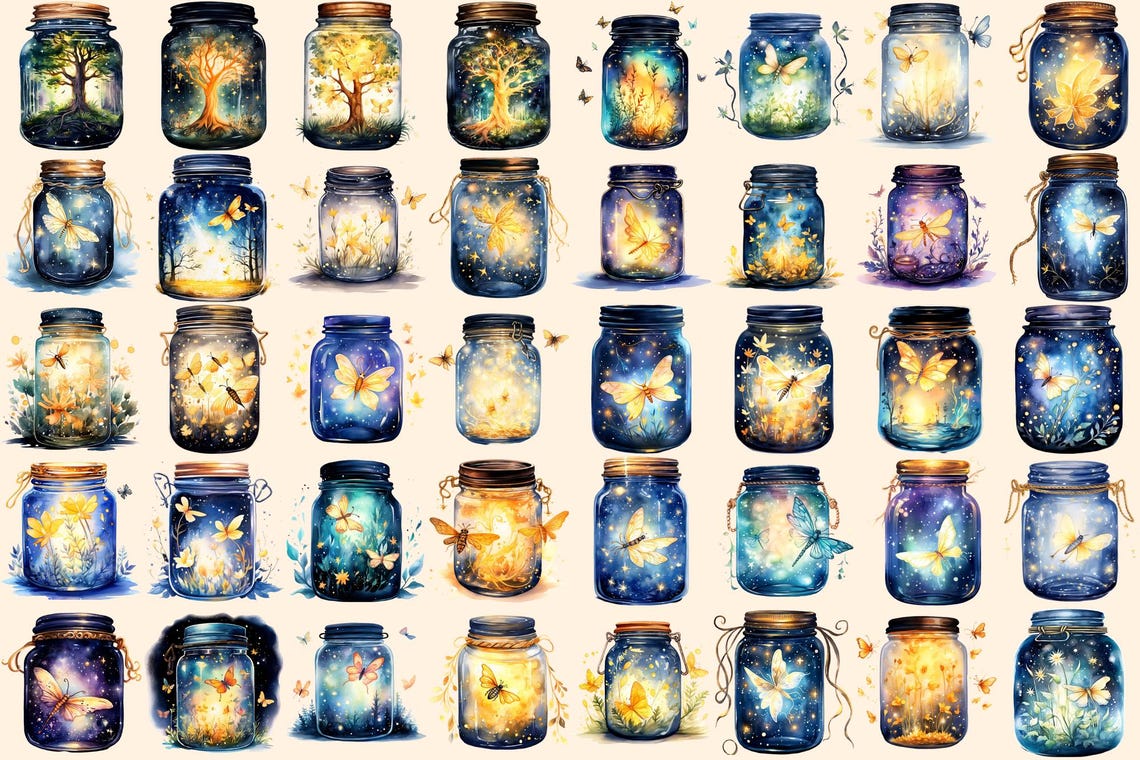 Firefly Jars Watercolor Clipart Bundle – Whimsical PNG Graphics ...