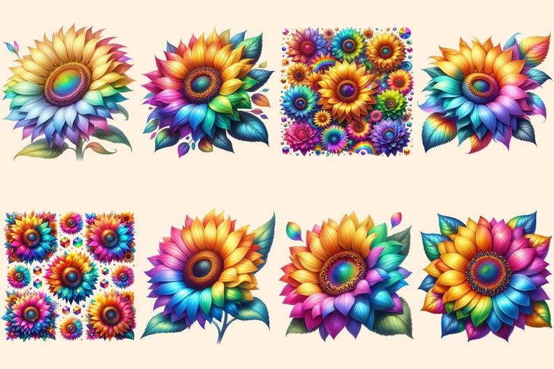 Rainbow Sunflower Clipart – Bright Floral Illustrations (PNG Digital ...