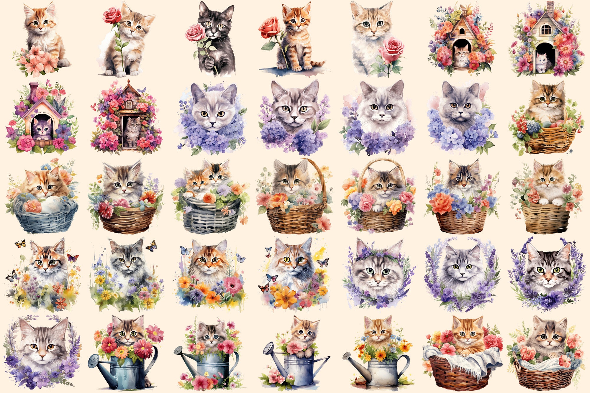 Watercolor Flower Cats Clipart Bundle – 223+ PNG Graphics (digital ...