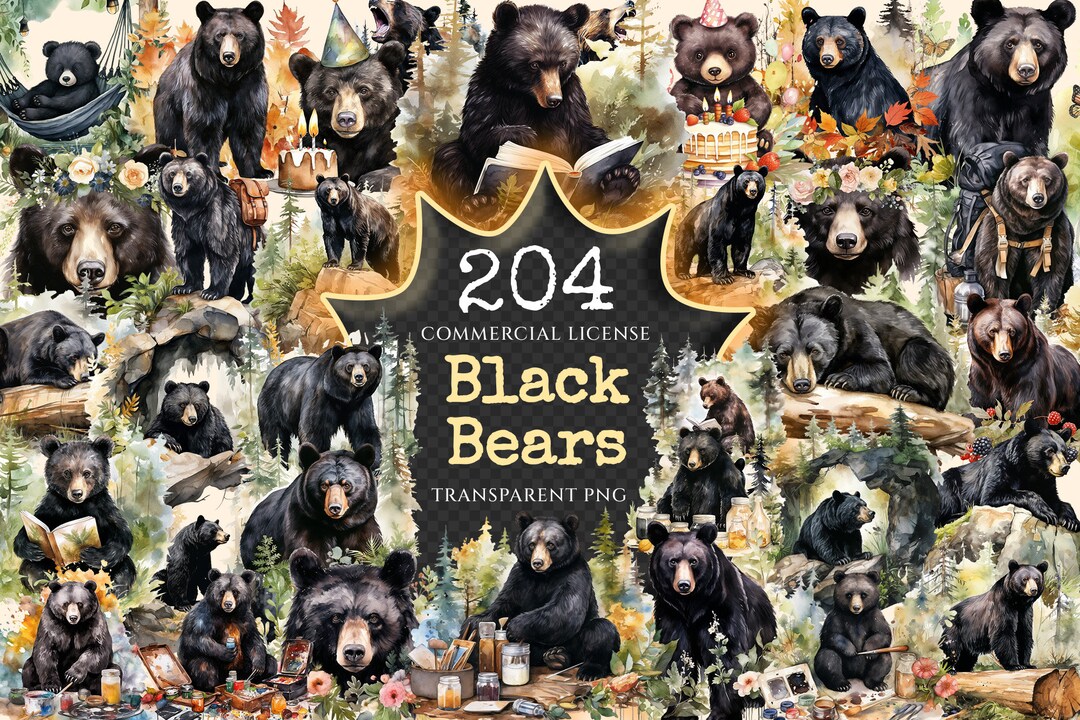 Black Bears Clipart Bundle - 200+ Transparent PNG, Woodland Creature ...