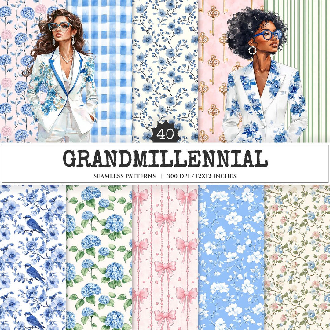 Grandmillennial Seamless Patterns, Chinoiserie JPEG, Pastel Floral ...
