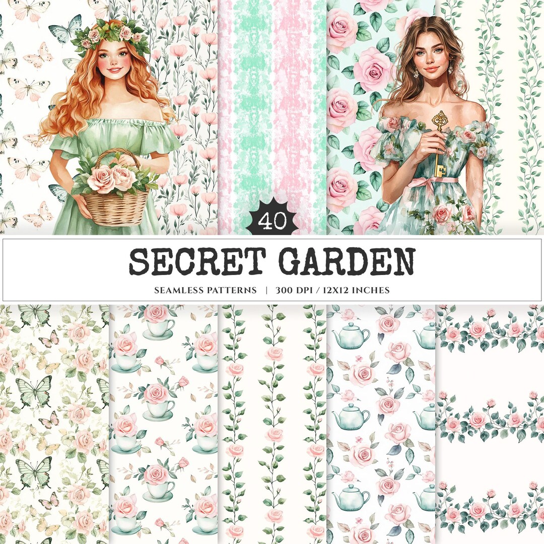 Secret Garden Floral Seamless Patterns, Vintage Rose, Spring Greenery ...
