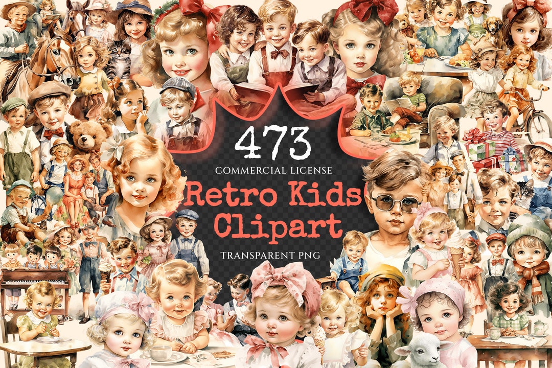Retro Kids Watercolor Clipart Bundle - 470+ Transparent PNG, Nostalgic ...