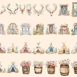 Boho Western Watercolor Clipart Bundle – 240+ PNG Graphics (digital ...