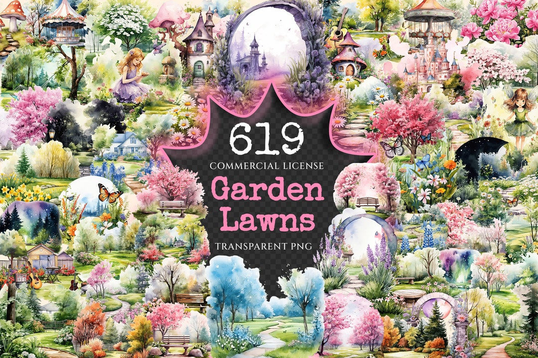 Watercolor Garden Clipart – 615+ PNG Spring Landscape Graphics (digital ...