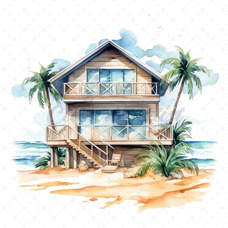 19 High-quality Beach Houses Clipart Beach House Digital Watercolor JPG ...