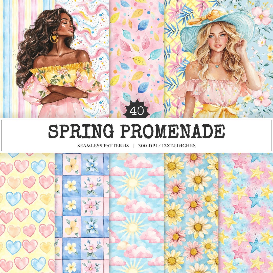 Spring Floral Seamless Patterns, Watercolor Flowers, Tulips, Daisies ...