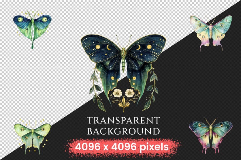 Luna Moth Watercolor Clipart – Mystical Insect Graphics (digital ...