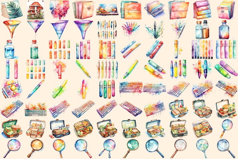 Watercolor School Supplies Clipart – 535+ PNG, Commercial Use (digital ...