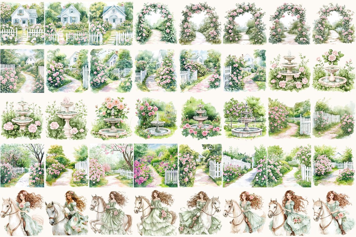 Secret Garden Watercolor Clipart Set – 275+ PNG Graphics (digital ...