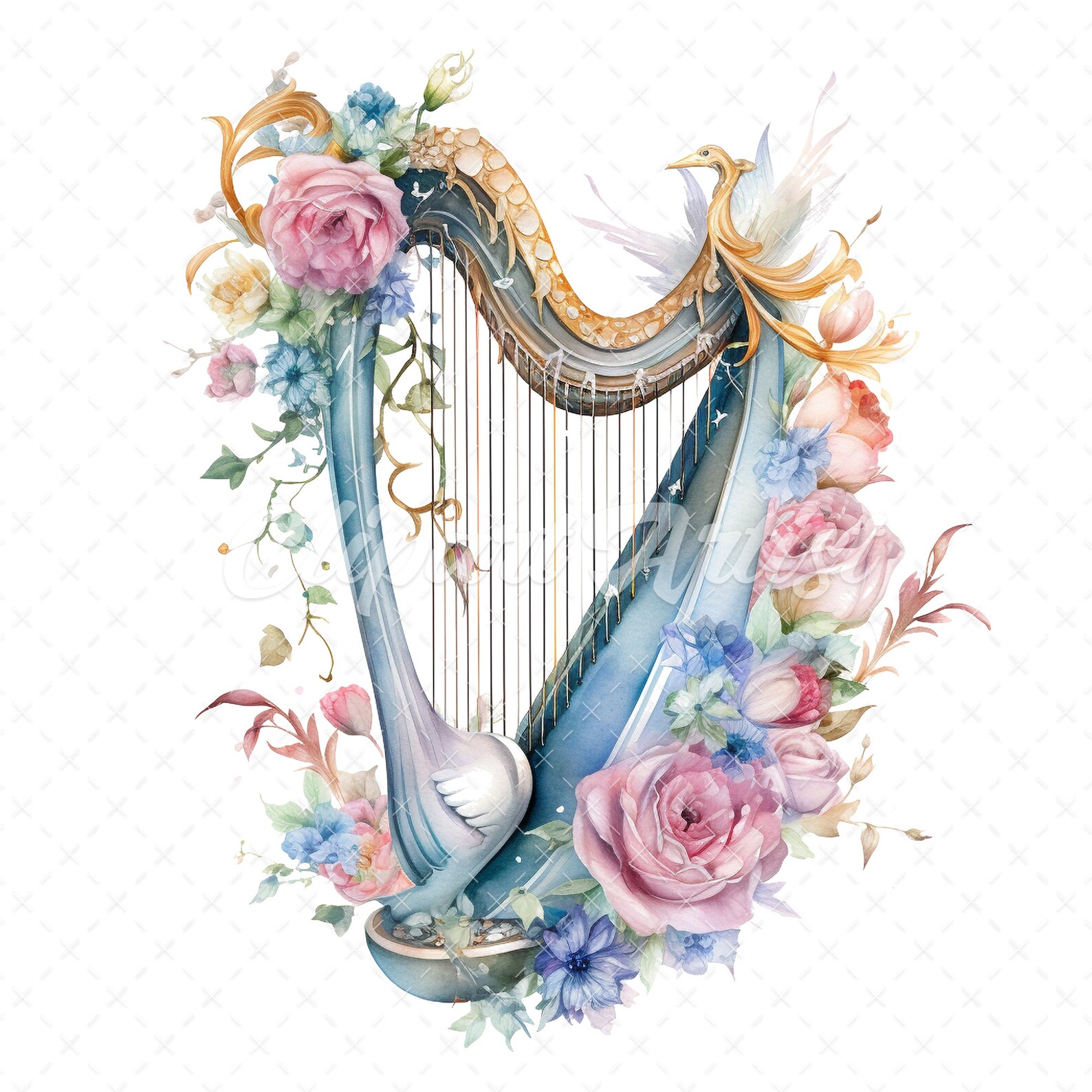 20 High-quality Magical Floral Harp Bird Clipart Floral Harp Digital ...