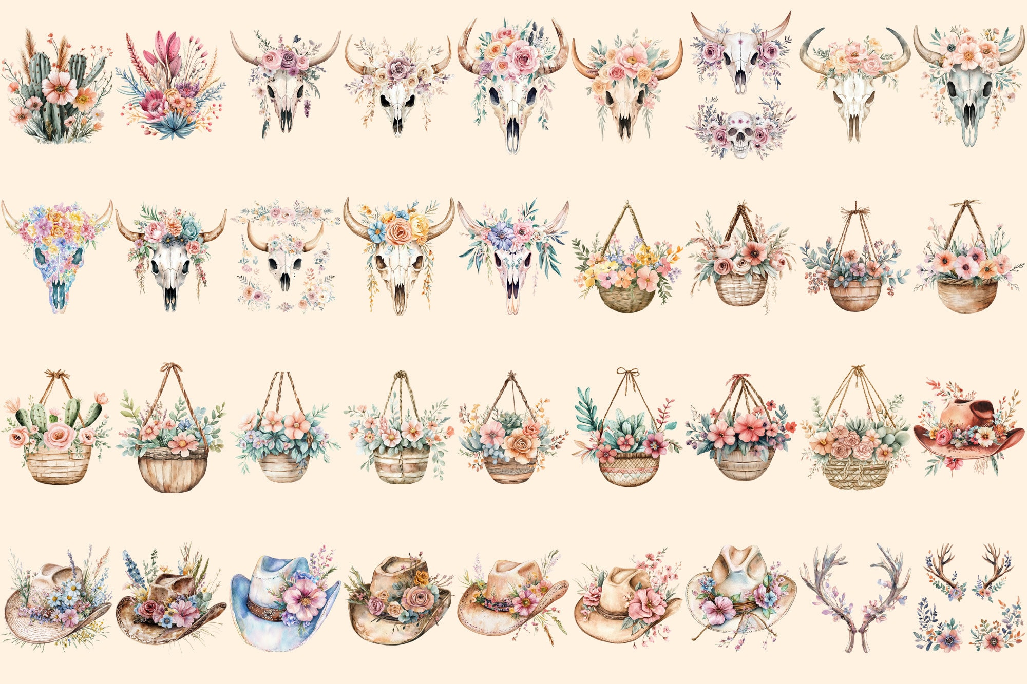 Boho Western Watercolor Clipart Bundle – 240+ PNG Graphics (digital ...