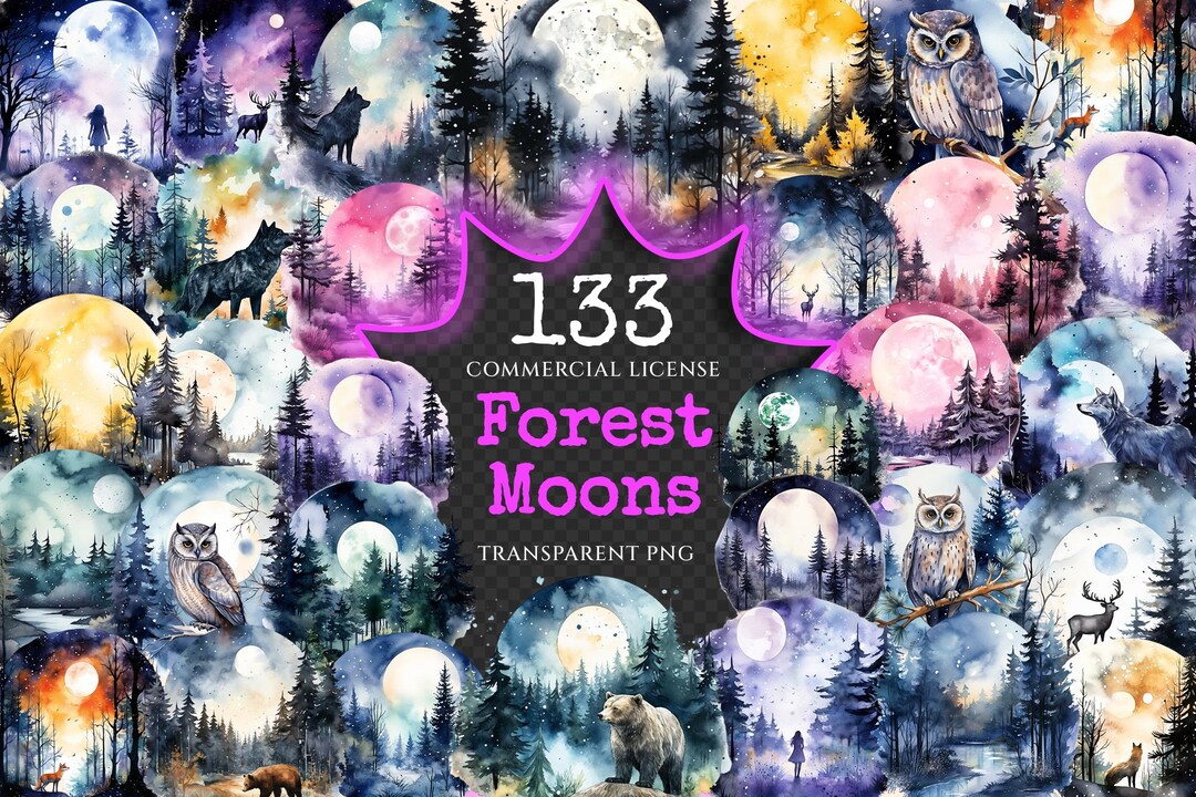 Forest Moons Watercolor Clipart Bundle - 130+ Transparent PNG, Magical Twilight Graphics ...