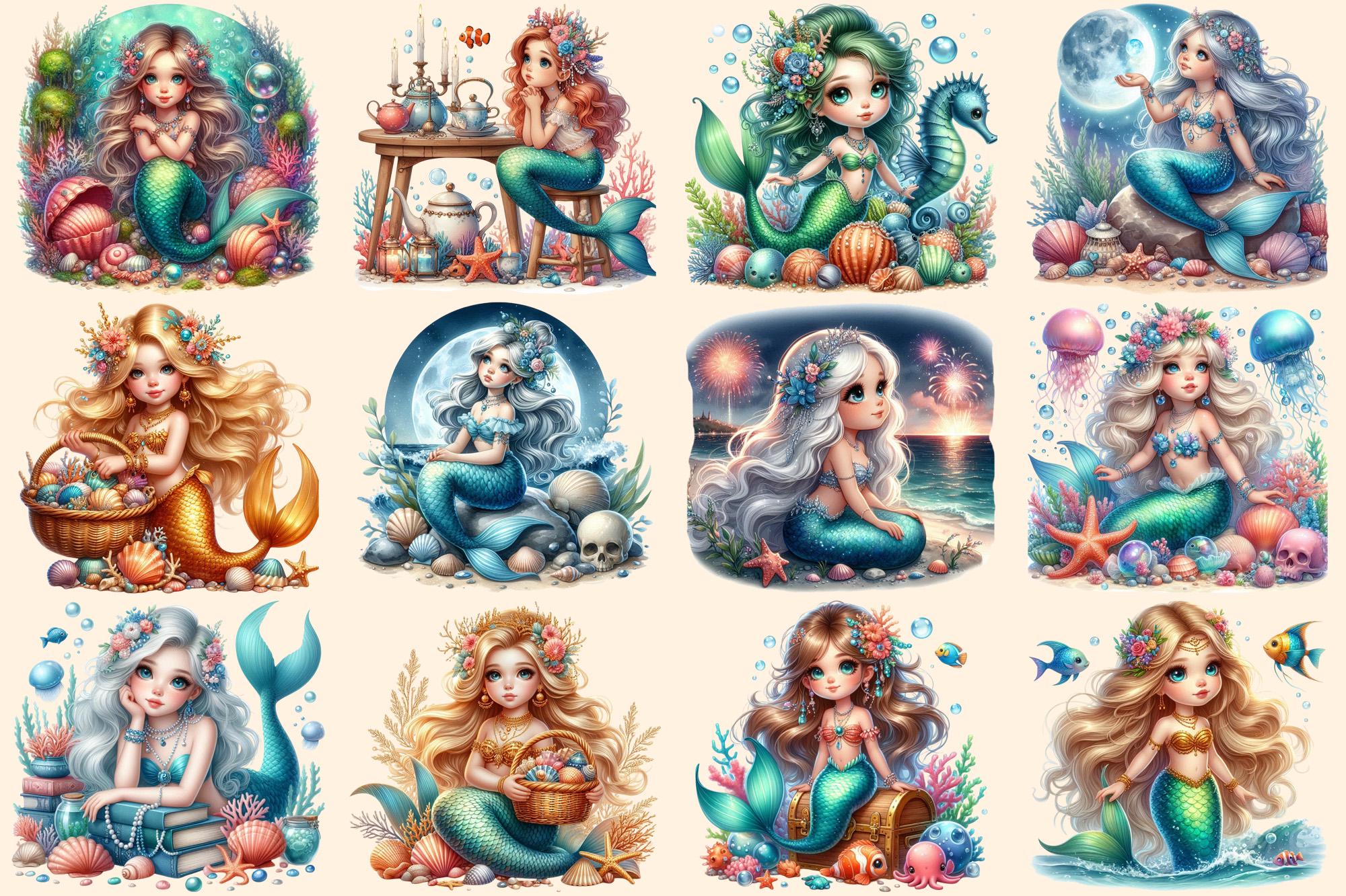 Mermaid Clipart – 55 PNG Illustrations, Ocean Theme (digital Download ...
