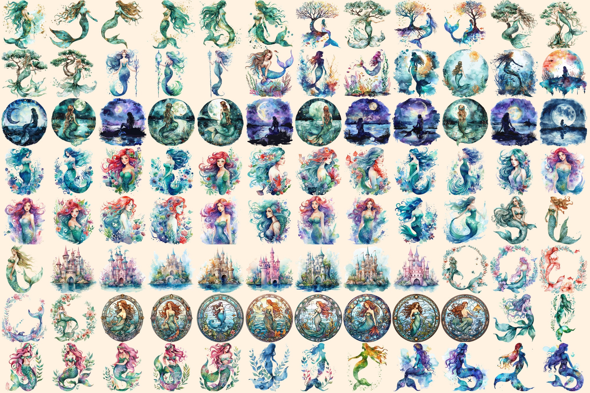 Watercolor Mermaid Clipart – 670+ PNG Illustrations (digital Download ...