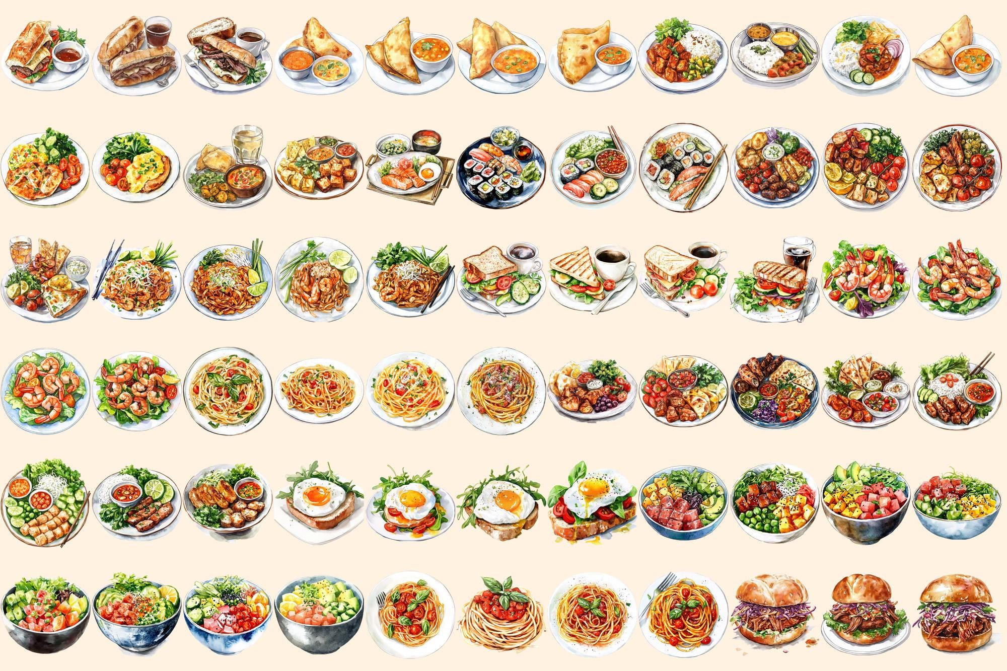 Watercolor Lunch Foods Clipart Bundle – 450+ PNG, Commercial Use ...